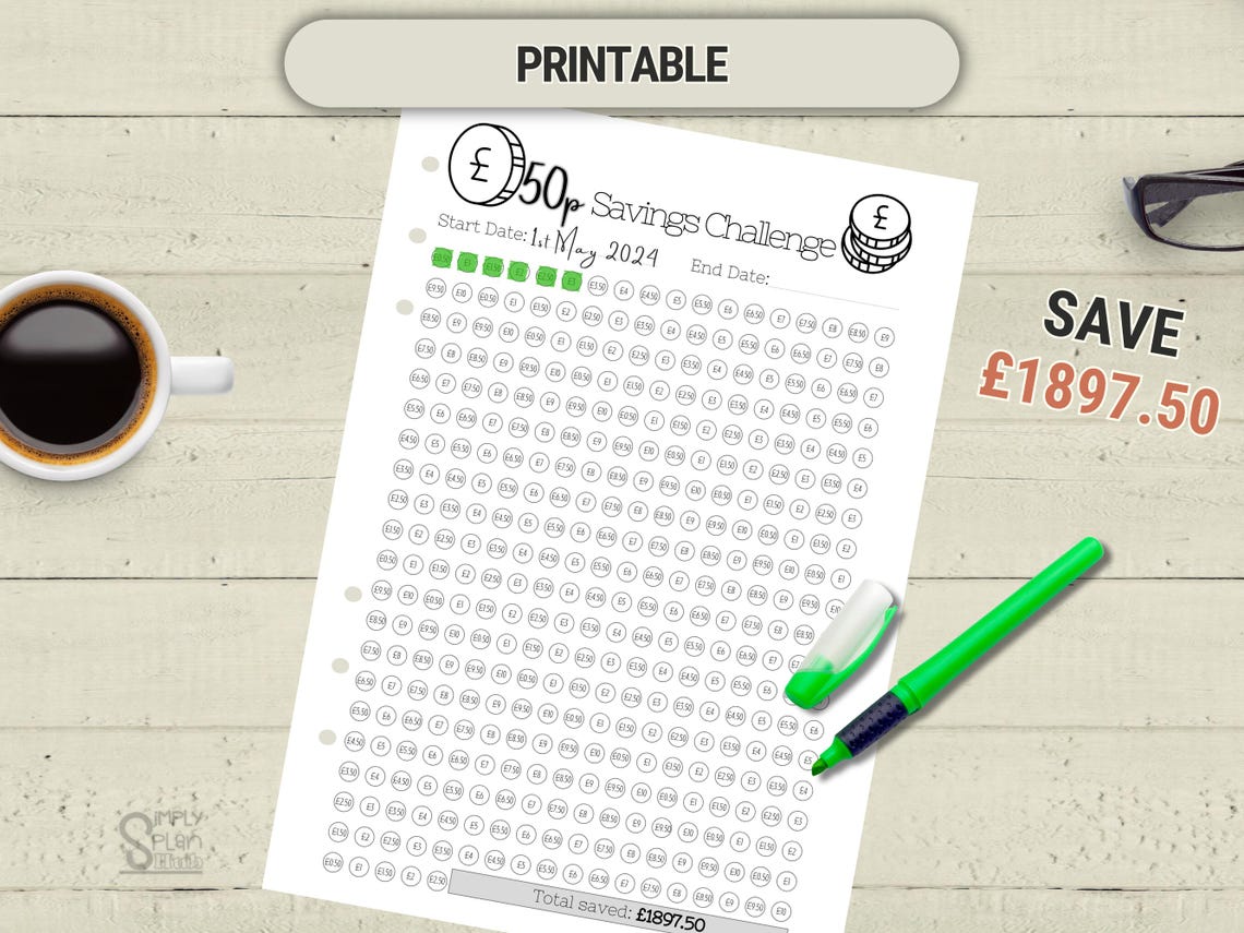 UK 50p Savings Challenge Tracker: British Pound Budget Planner (PDF ...