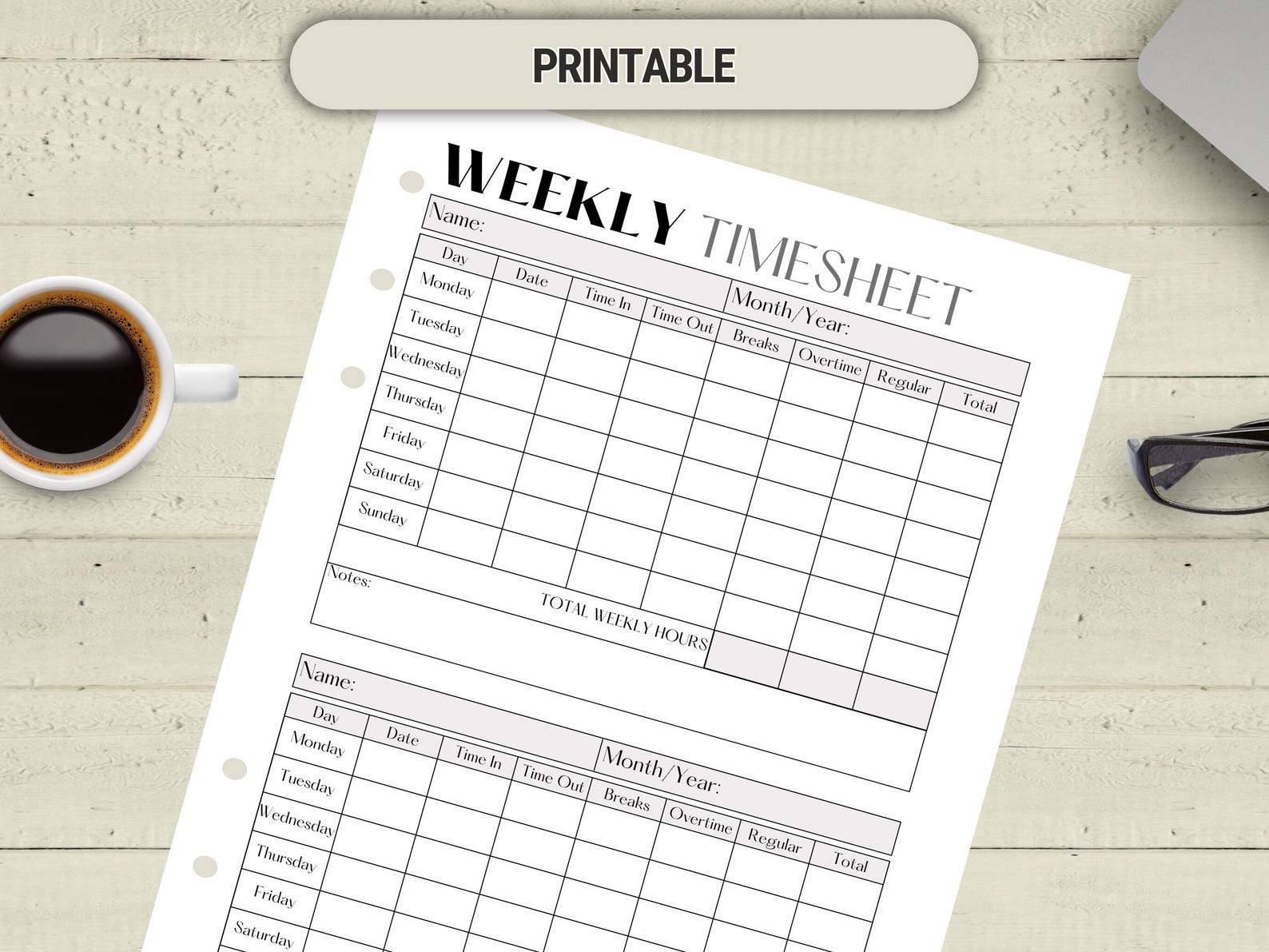 Printable Weekly Timesheet Template: Employee Work Schedule (PDF & PNG ...