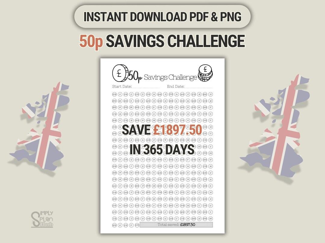 50p Savings Tracker UK Money Saving Challenges Printable British Pound ...
