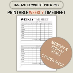 Printable Weekly Timesheet Template: Employee Work Schedule (PDF & PNG ...