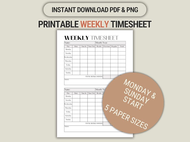 Weekly Timesheet Template Printable PDF Employee Work Schedule Log Small Business Staff Time ...