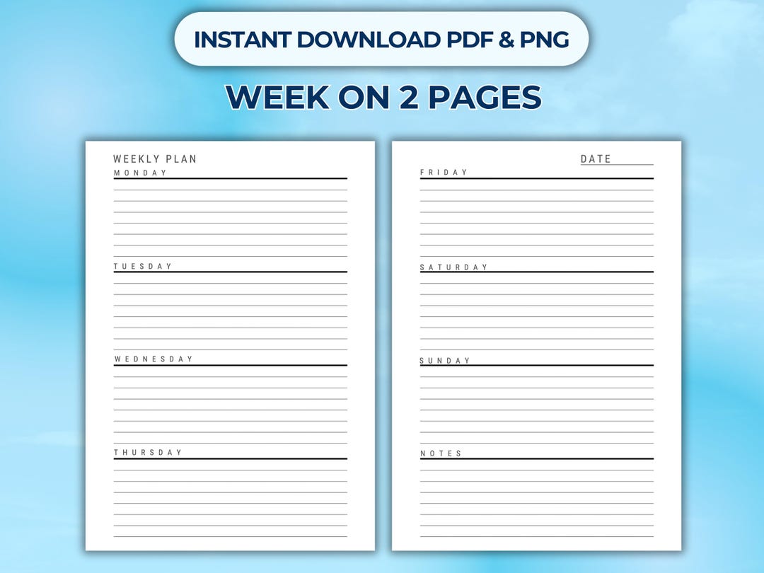 Week on 2 Pages Printable | Simple Week at a Glance Planner Insert ...