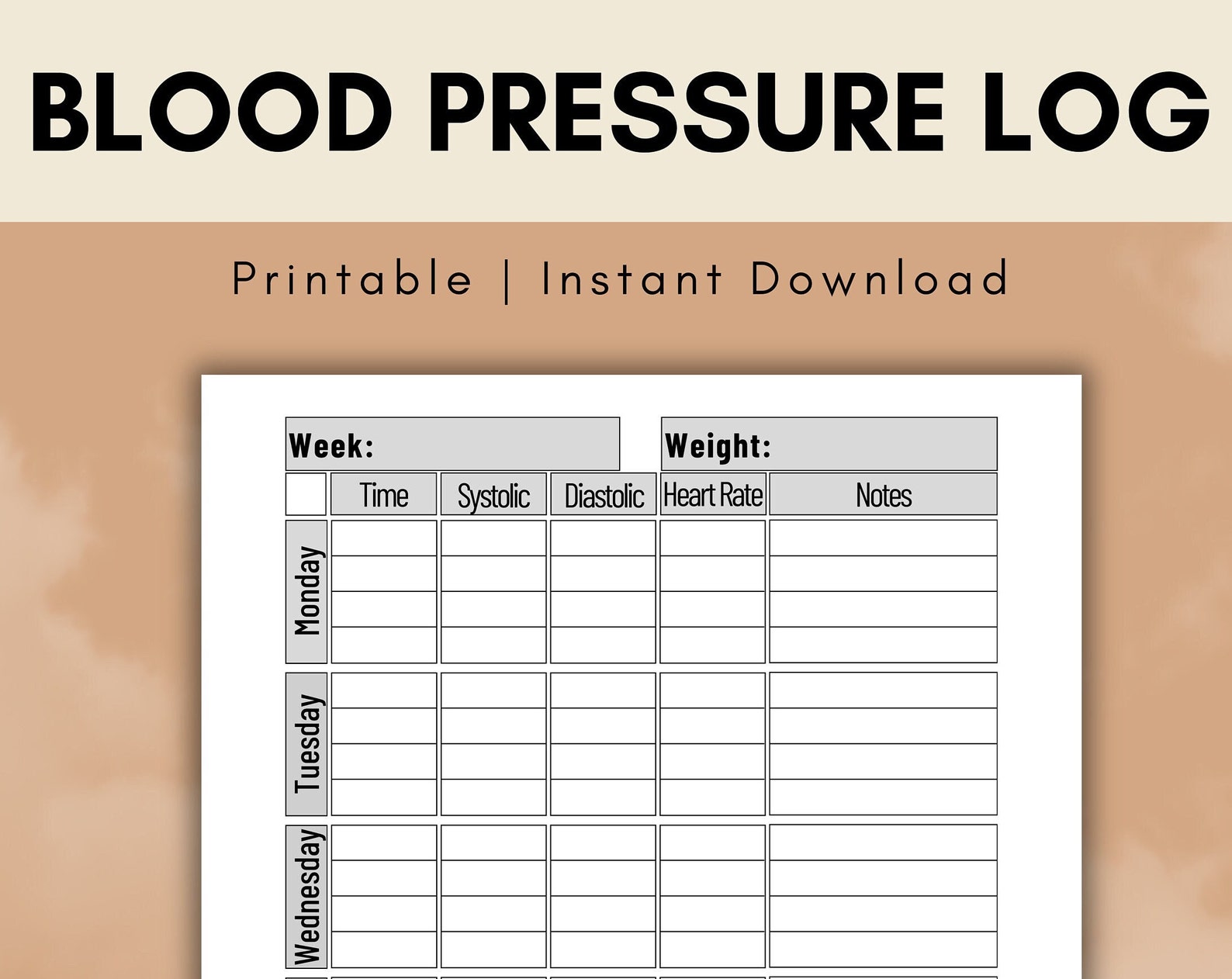 Blood Pressure Log Printable, High BP Tracker Template for Hypotension ...