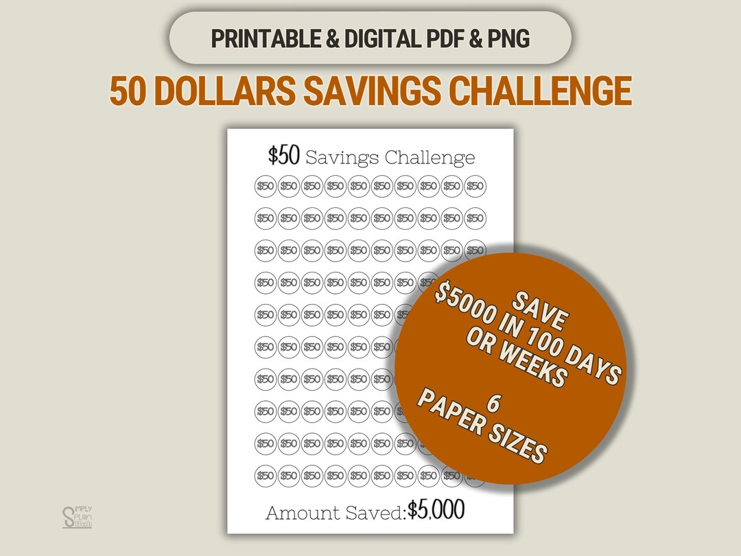 50 Dollar Money Saving Challenge Printable Tracker to Save 5k in 100 ...