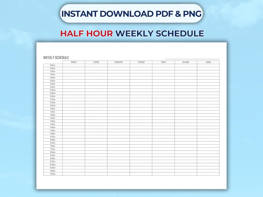 Half Hour Weekly Schedule Landscape Layout | Weekly Agenda Printable ...