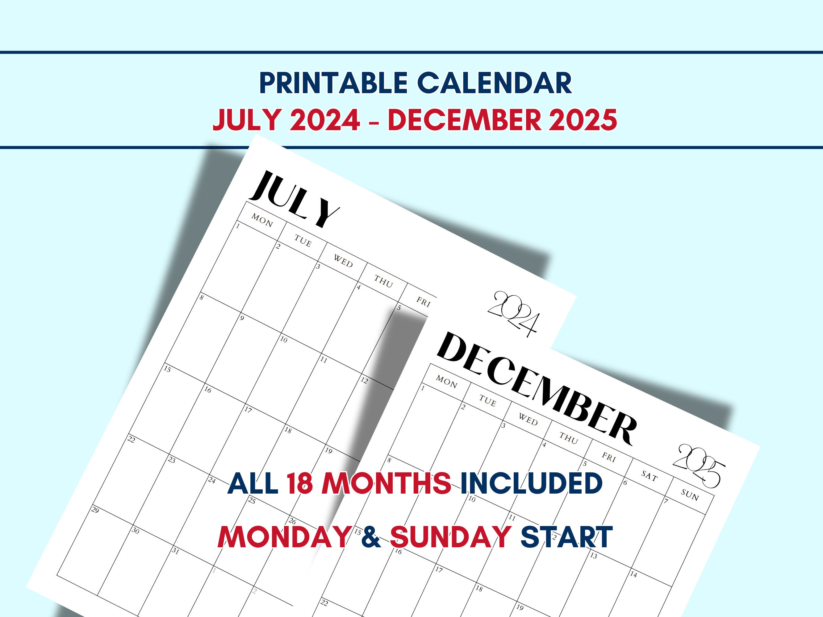 Printable Calendar July 2024 – December 2025 | Monthly Planner 2024 ...