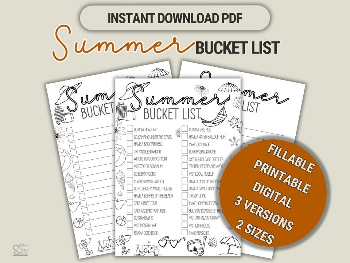 Summer Bucket List Printable: Fillable Activity Checklist (digital PDF ...