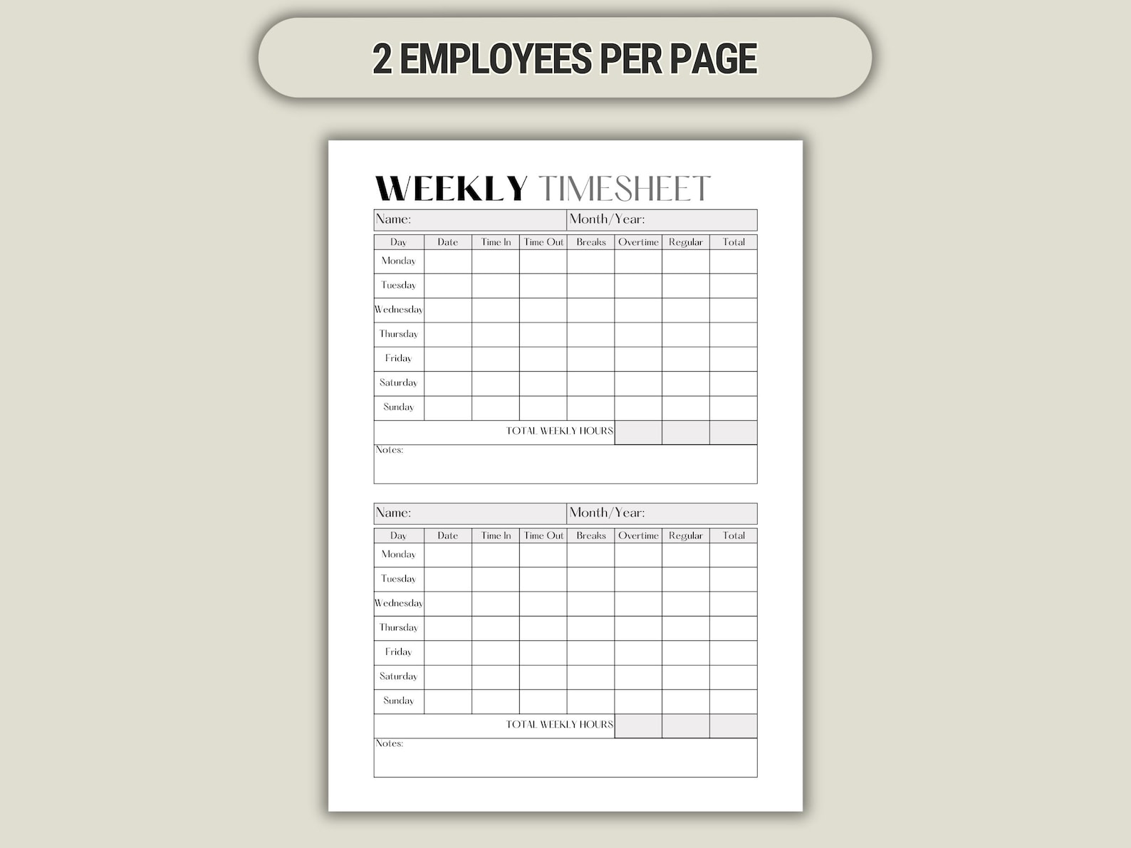 Printable Weekly Timesheet Template: Employee Work Schedule (PDF & PNG ...
