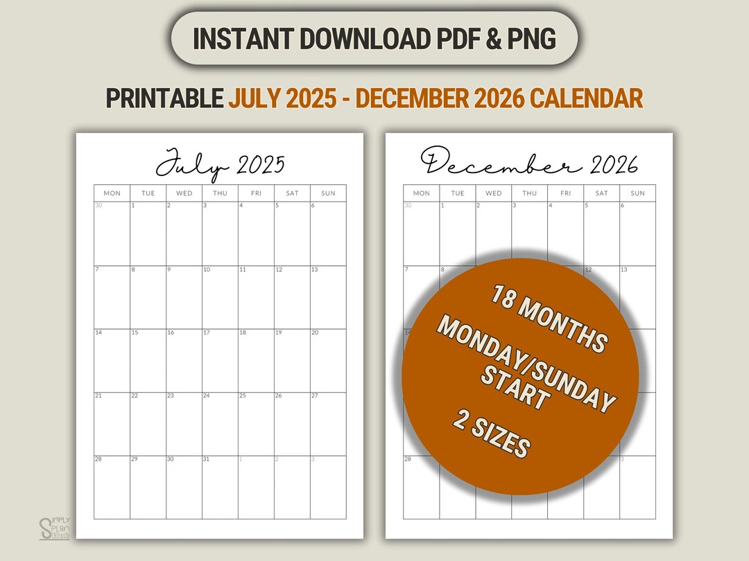 18 Month Calendar Printable July 2025 - December 2026 Monthly Calendar ...