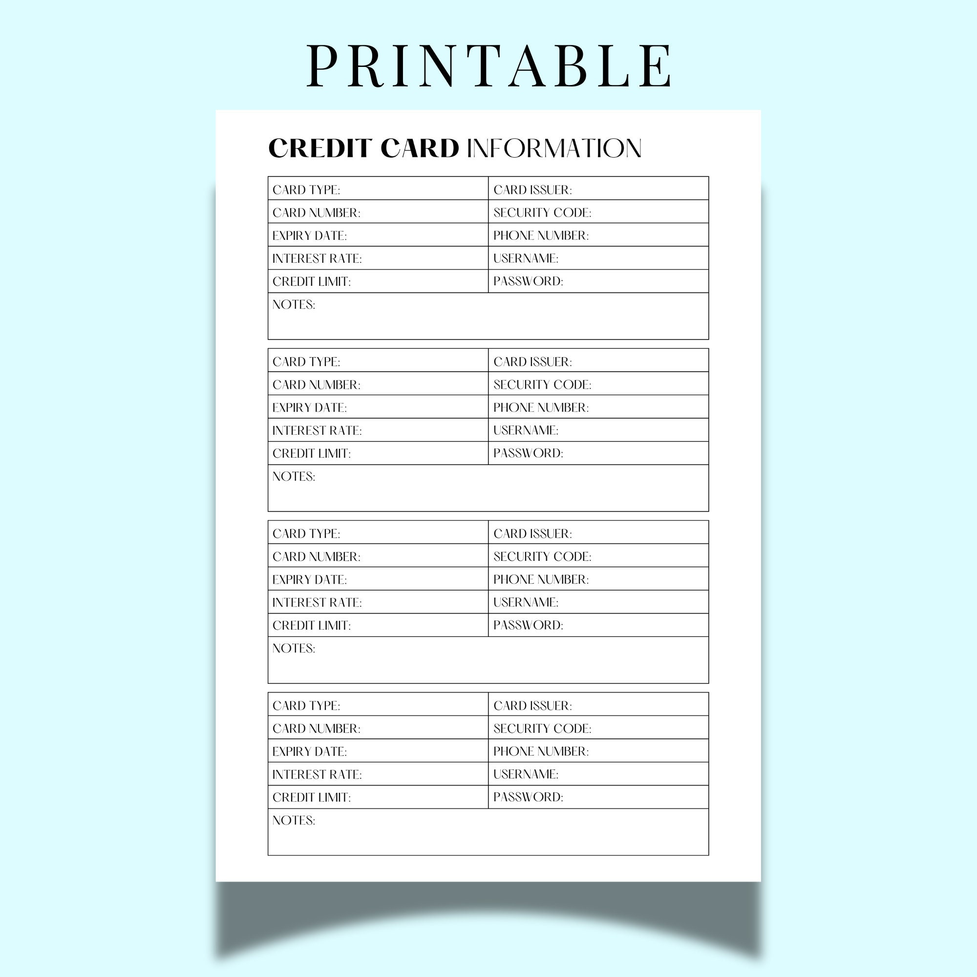 Credit Card Information Tracker Printable and Fillable Credit Card Log ...