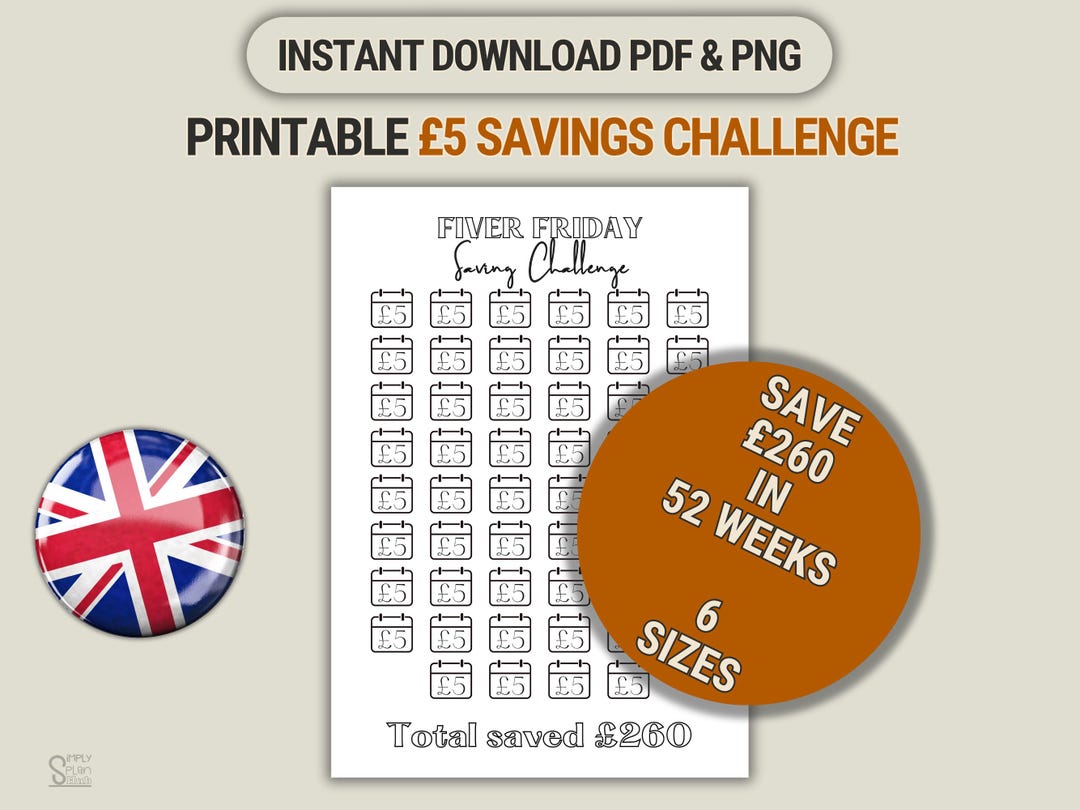 5 Pound Saving Challenge Printable UK Money Tracker Template Fiver ...