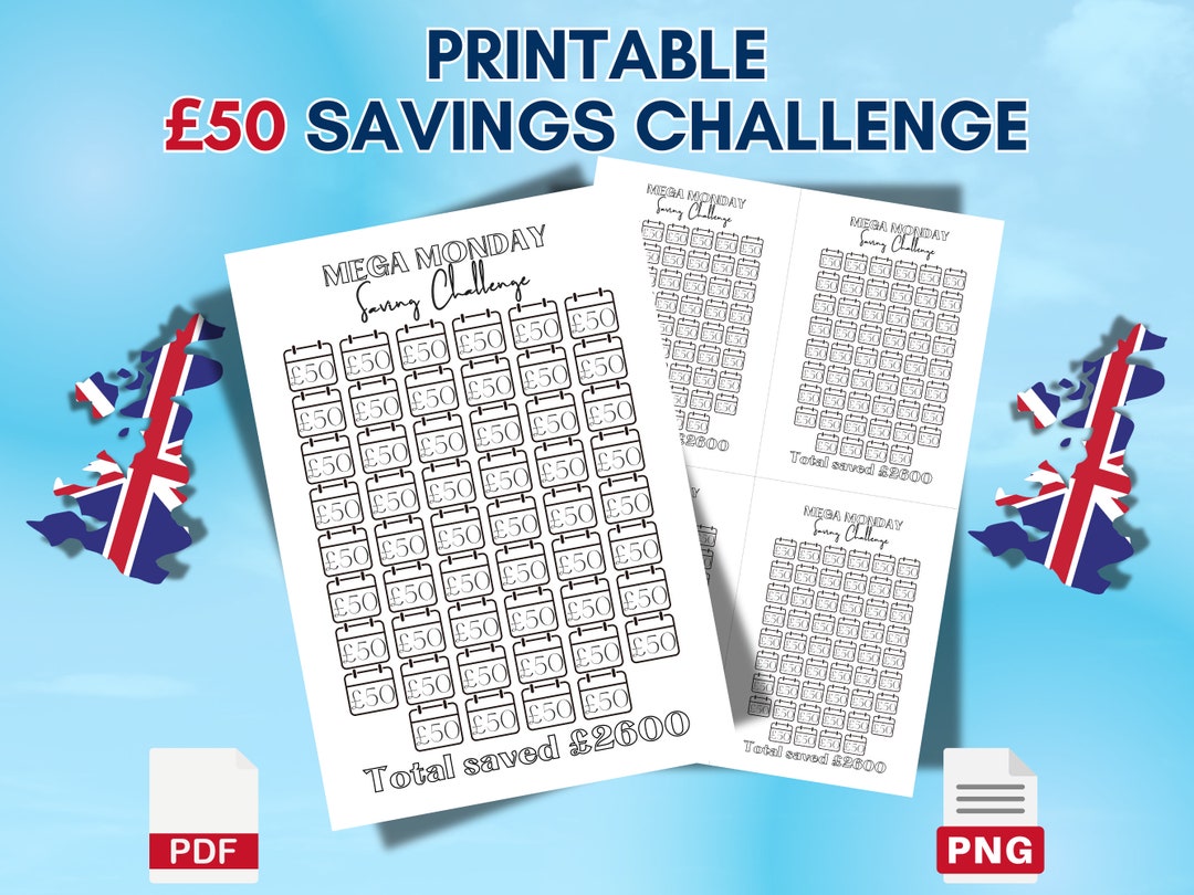 UK Money Saving Challenge Printable: 50 Pounds, 52 Week Tracker (PDF ...