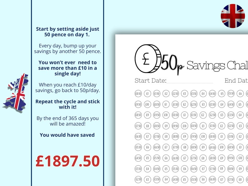 50p Savings Tracker UK Money Saving Challenges Printable British Pound ...