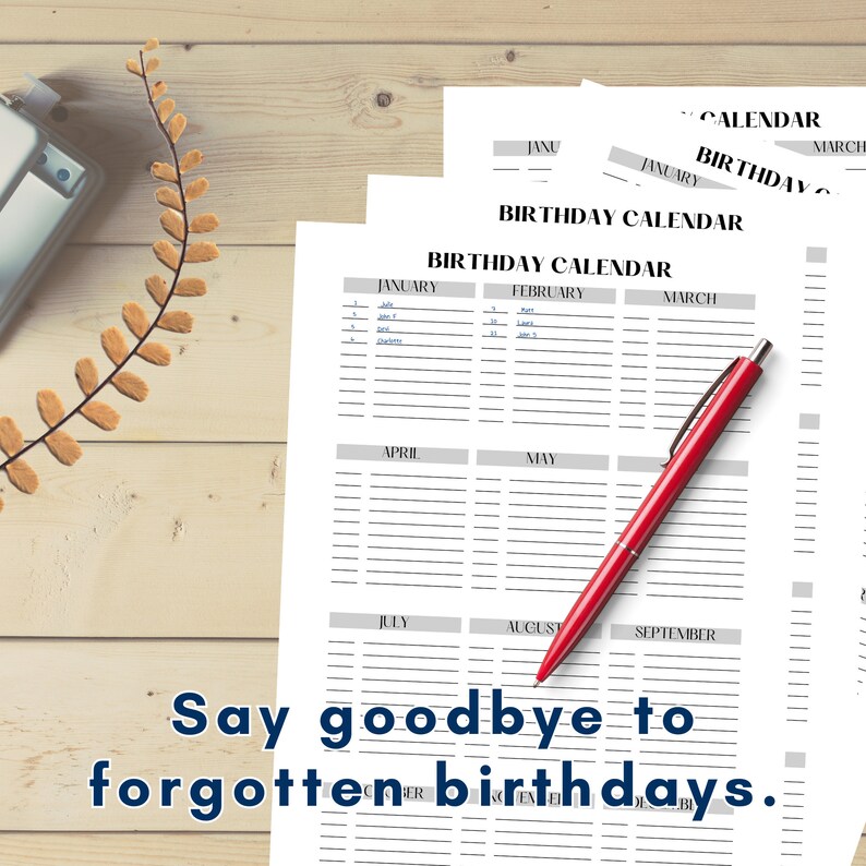 Birthday Calendar Printable Tracker Template to Log Birthdays Perpetual ...