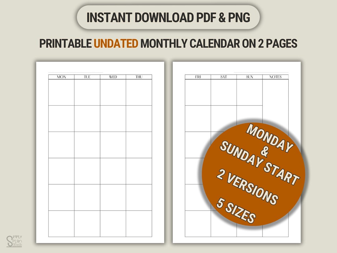 Undated Monthly Calendar Printable: Two-page Planner (PDF & PNG) - Etsy