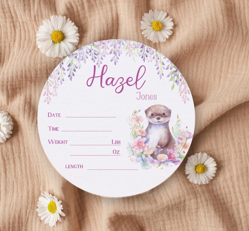 Floral Otter Personalize Baby Girl Wood Birth Stats, Otter Name Sign ...