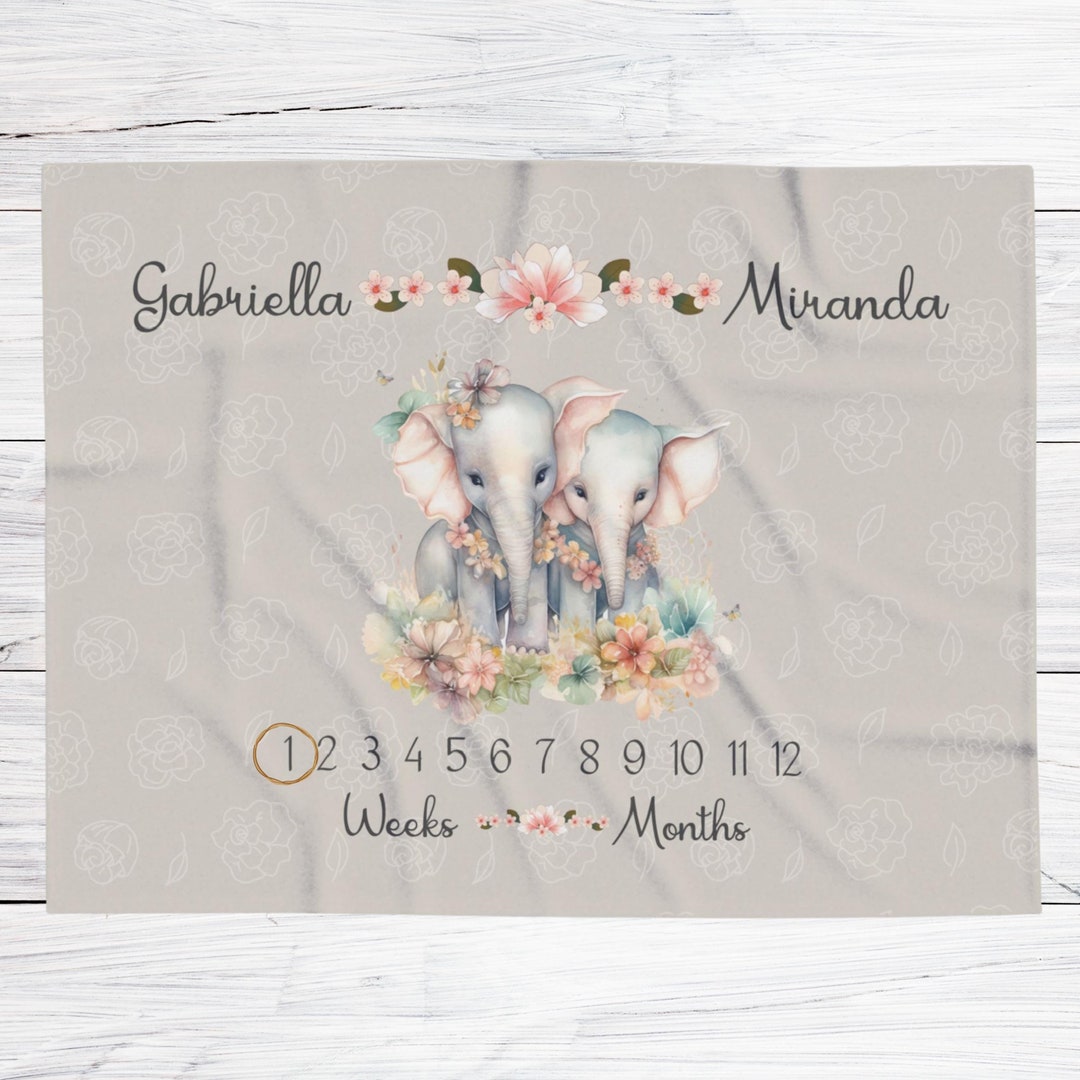 Twin Elephant Sister Floral Baby Personalize Milestone Blanket, Monthly ...