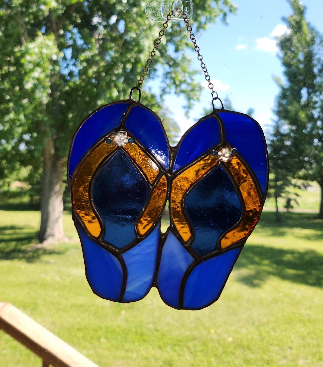 Suncatcher Stained Glass Flip Flops Sandals Window Hanging Blue Orange ...