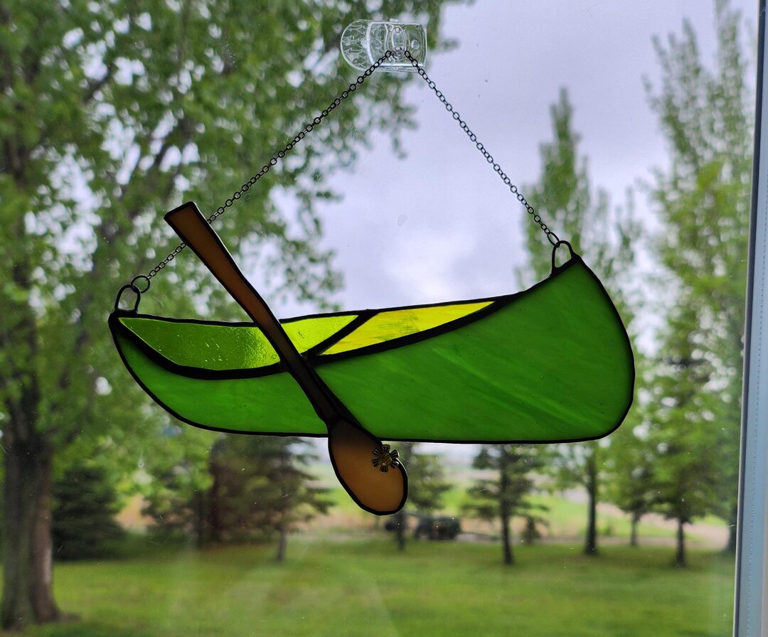 Stained Glass Suncatcher Canoe 0ar Boat Green Lake Summer Fishing ...