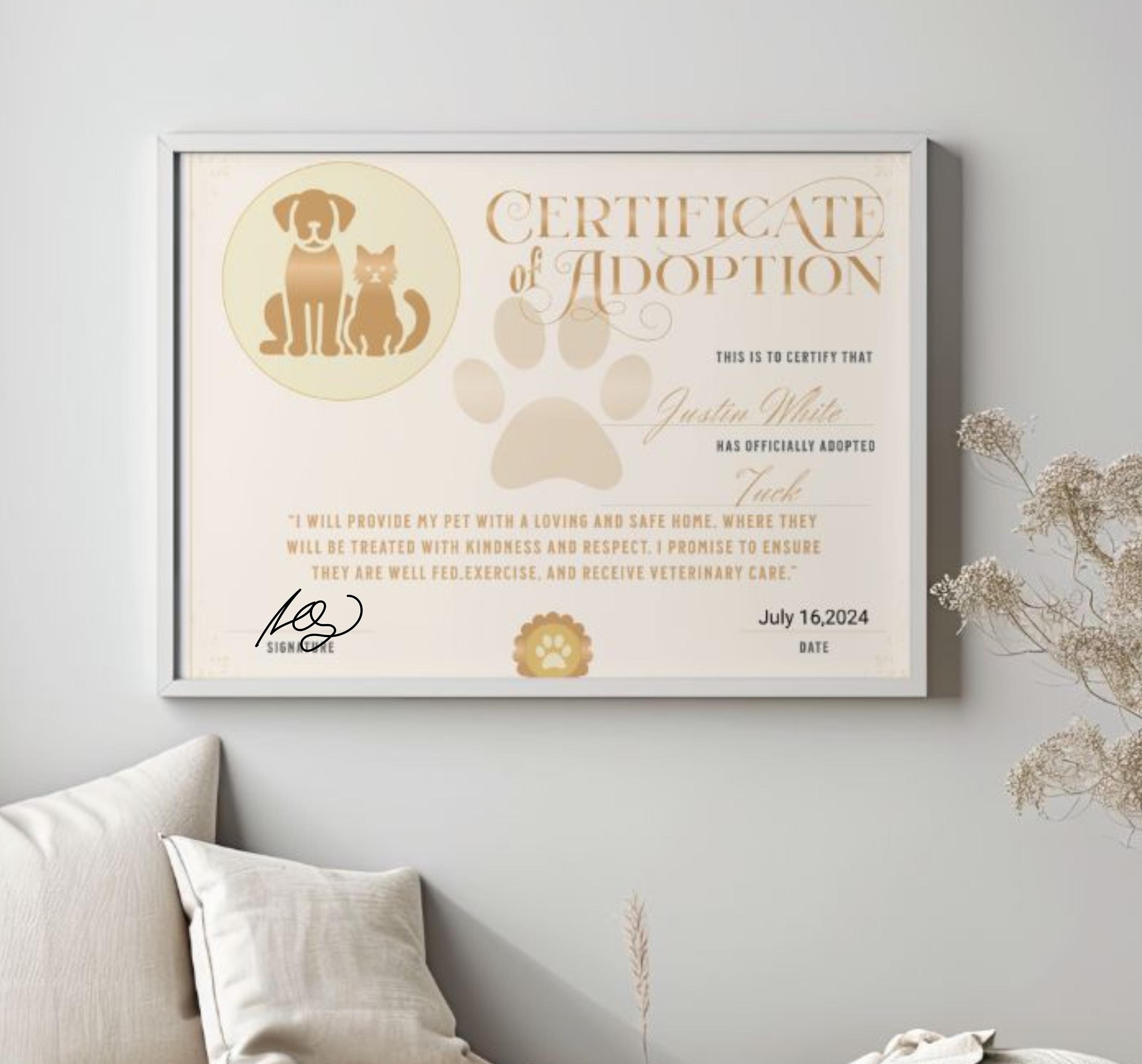 Custom Pet Adoption Certificate,printable Certificate of Adoption,dog ...