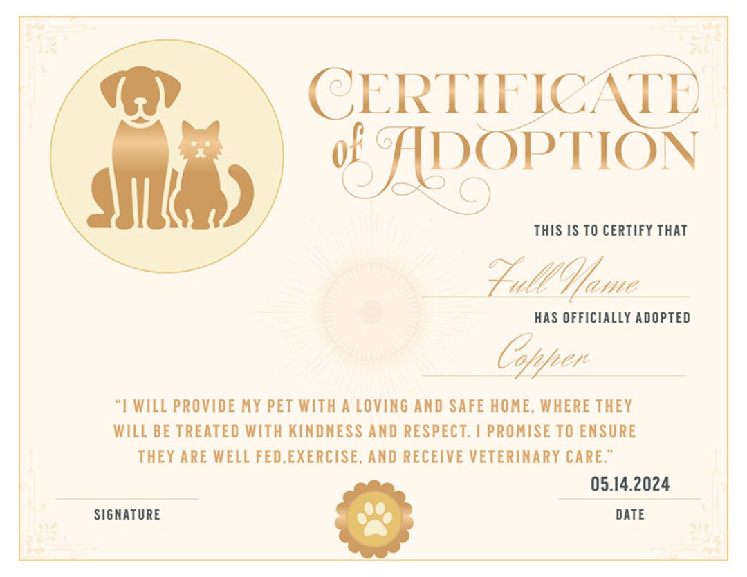 Custom Pet Adoption Certificate,printable Certificate of Adoption,dog ...