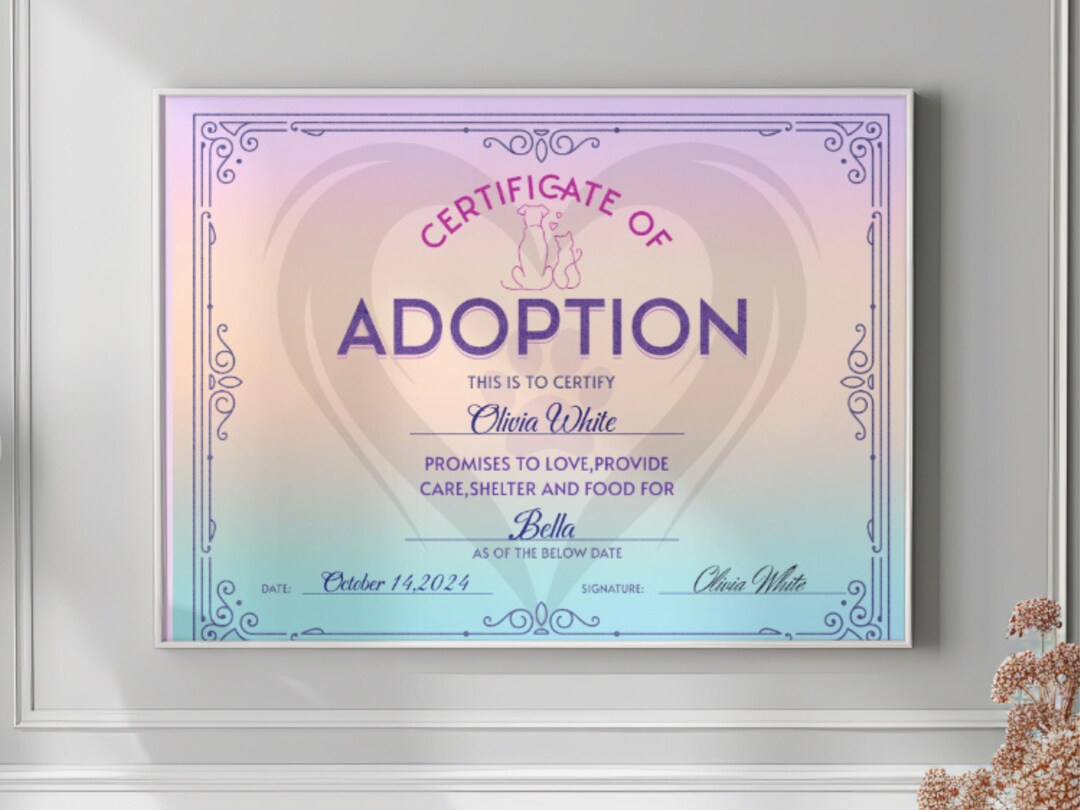 Custom Pet Adoption Certificate,printable Certificate of Adoption,dog ...