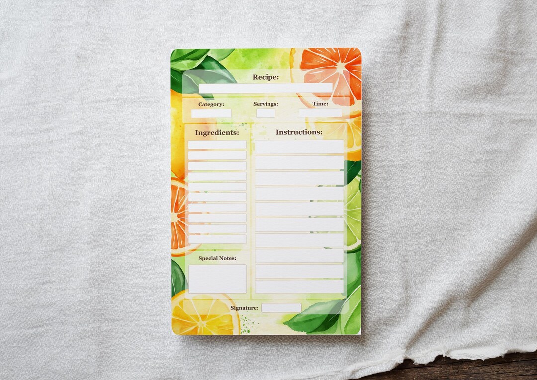 Bright Citrus Summer Recipe Card Template | Editable & Printable PDF ...