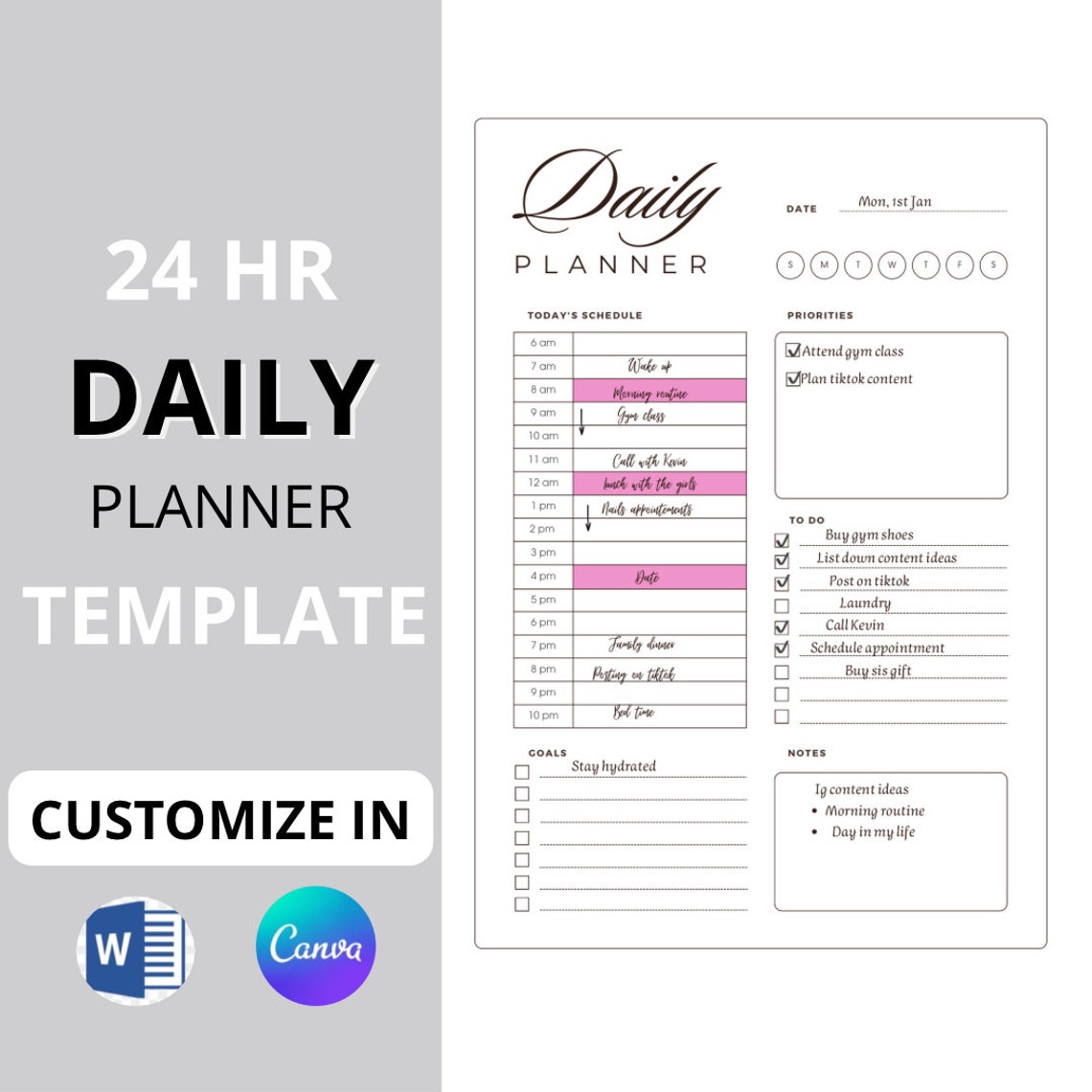 24 Hour Daily Planner, EDITABLE Template, Hourly Planner, to Do List ...