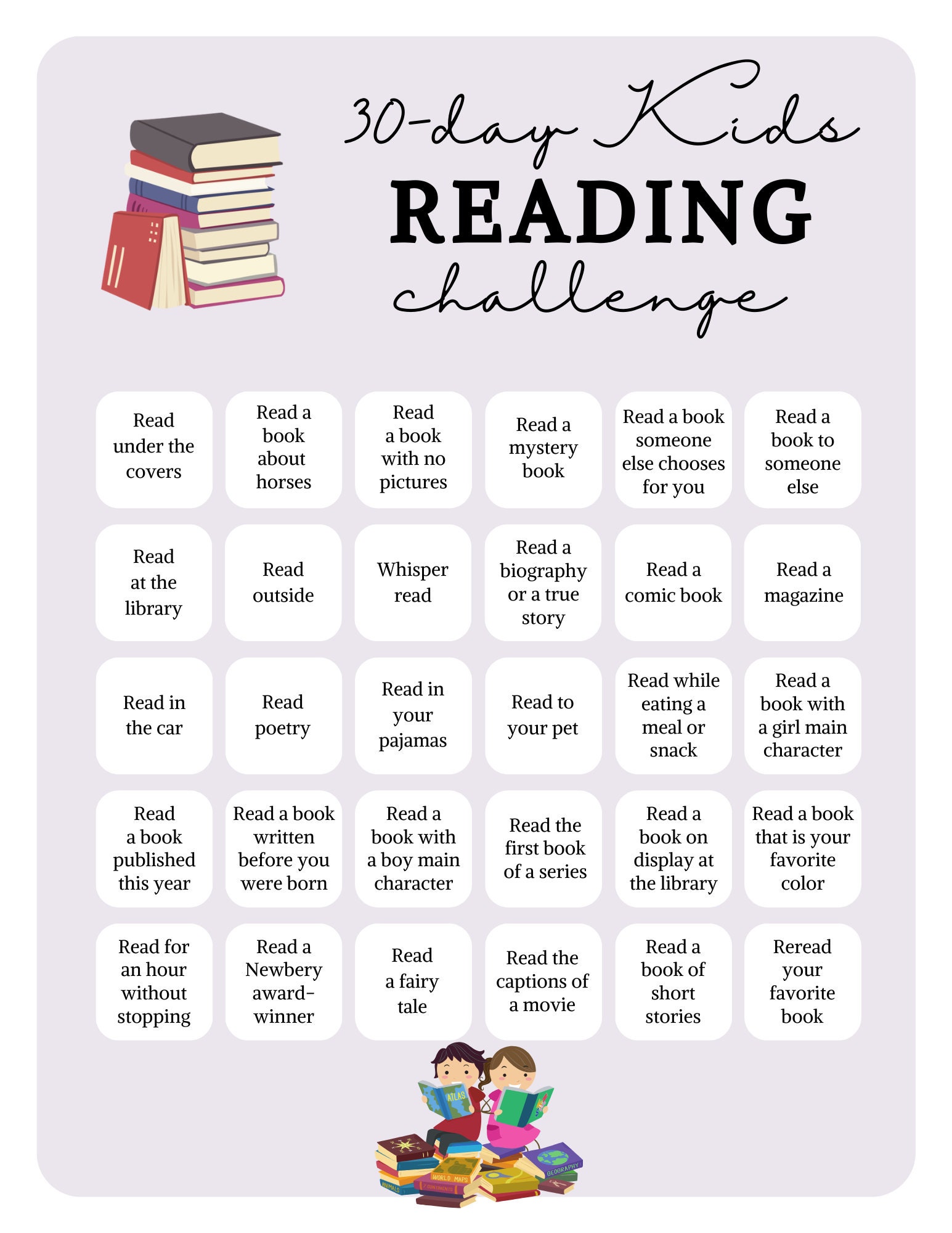 30 Day Reading Challenge for Kids - Etsy