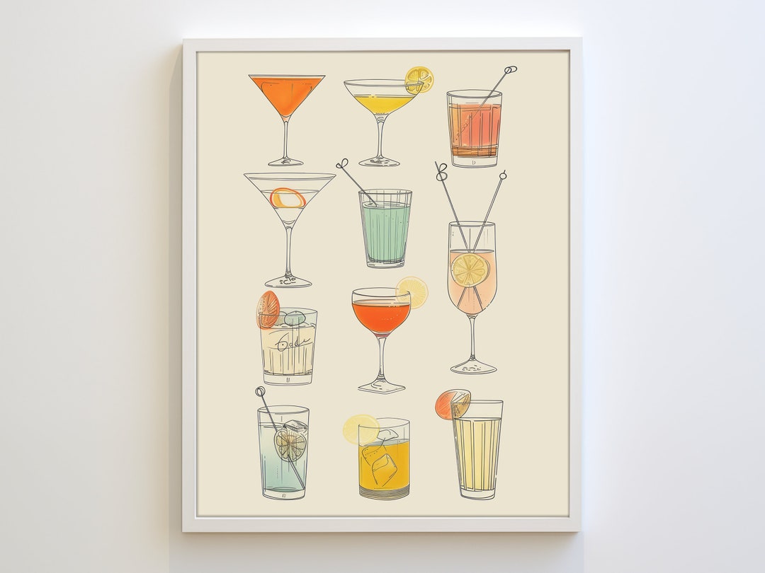 Bar Cart Print, Colorful Bar Cart Decor, Retro Art Printable, Cocktail ...