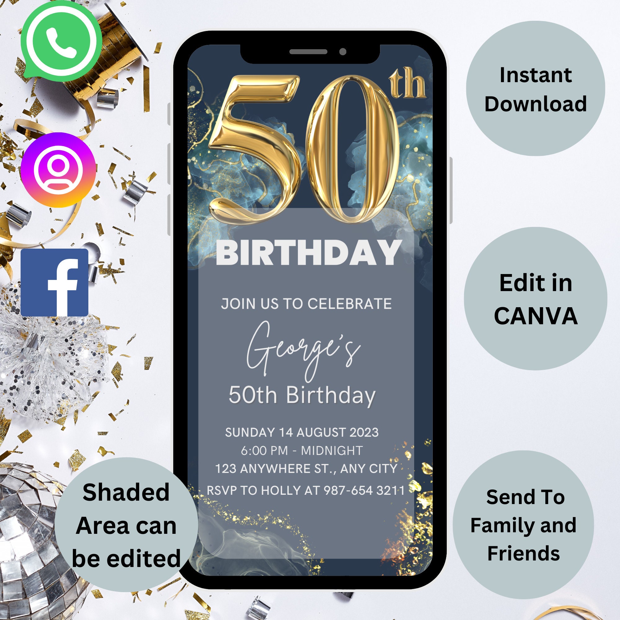 Digital 50th Birthday Invitation for Men, Editable 50th Invite, Navy ...