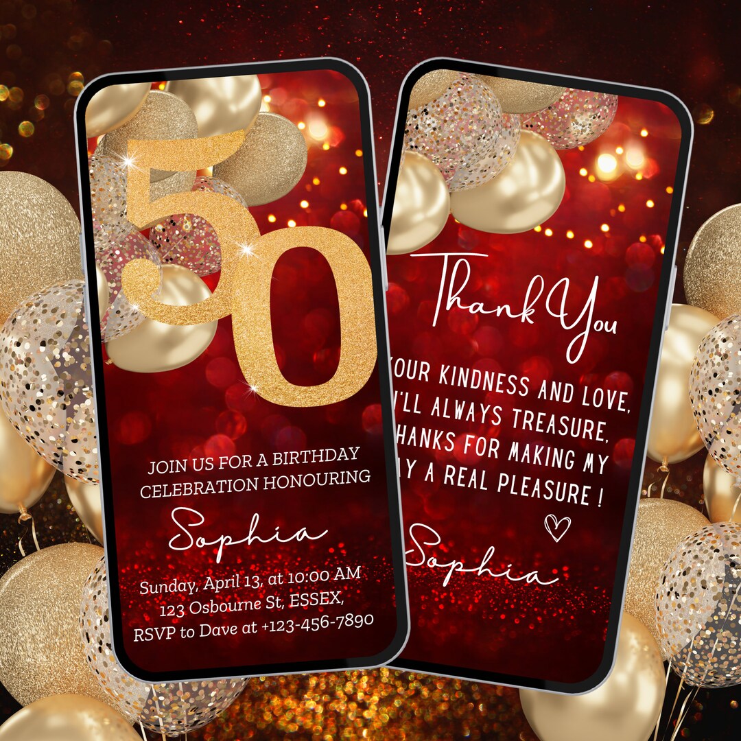 Digital 50th Birthday Invitation for Her, Editable 50th Red and Gold ...