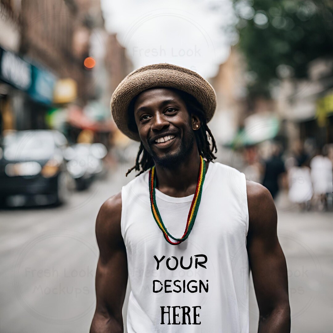 Black Jamaican Rasta Male Model Urban Scenery White Tank Top Mockup ...