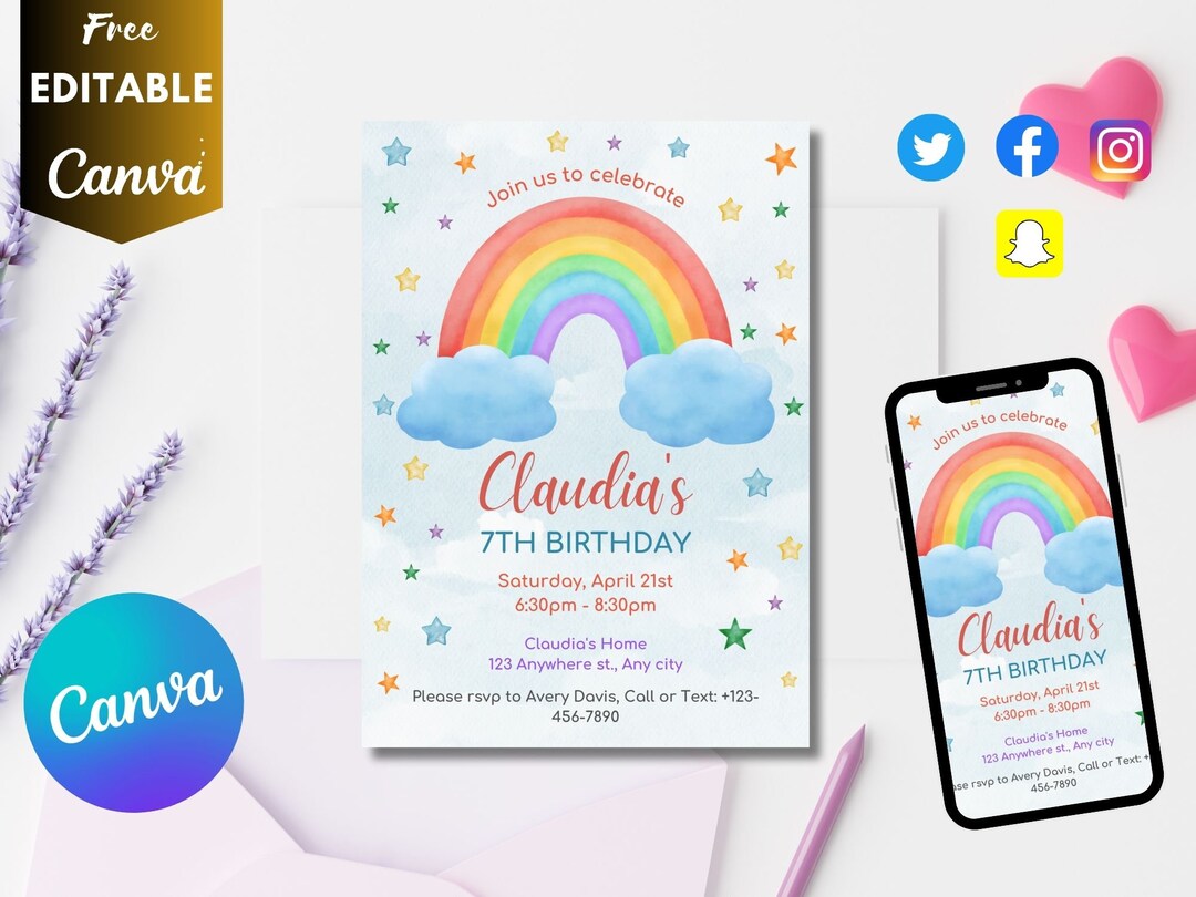 Editable Rainbow Birthday Invitation. Rainbow Invite. Colorful Rainbow ...