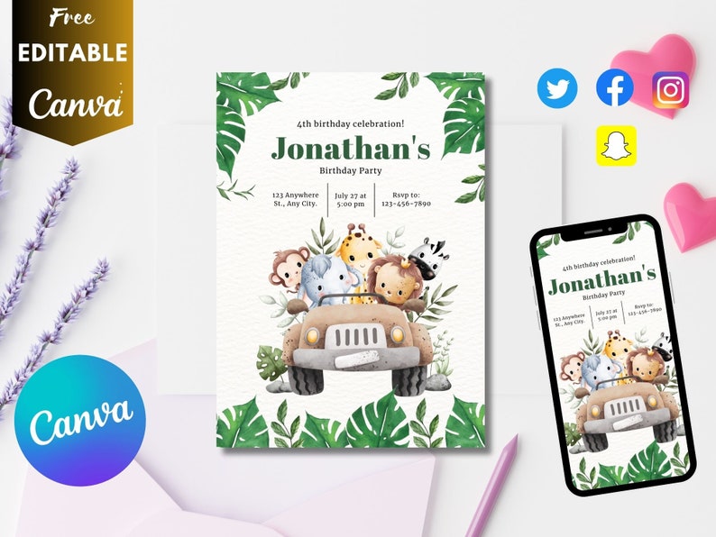Editable Animal Birthday Invitation Template, Printable Birthday Party ...