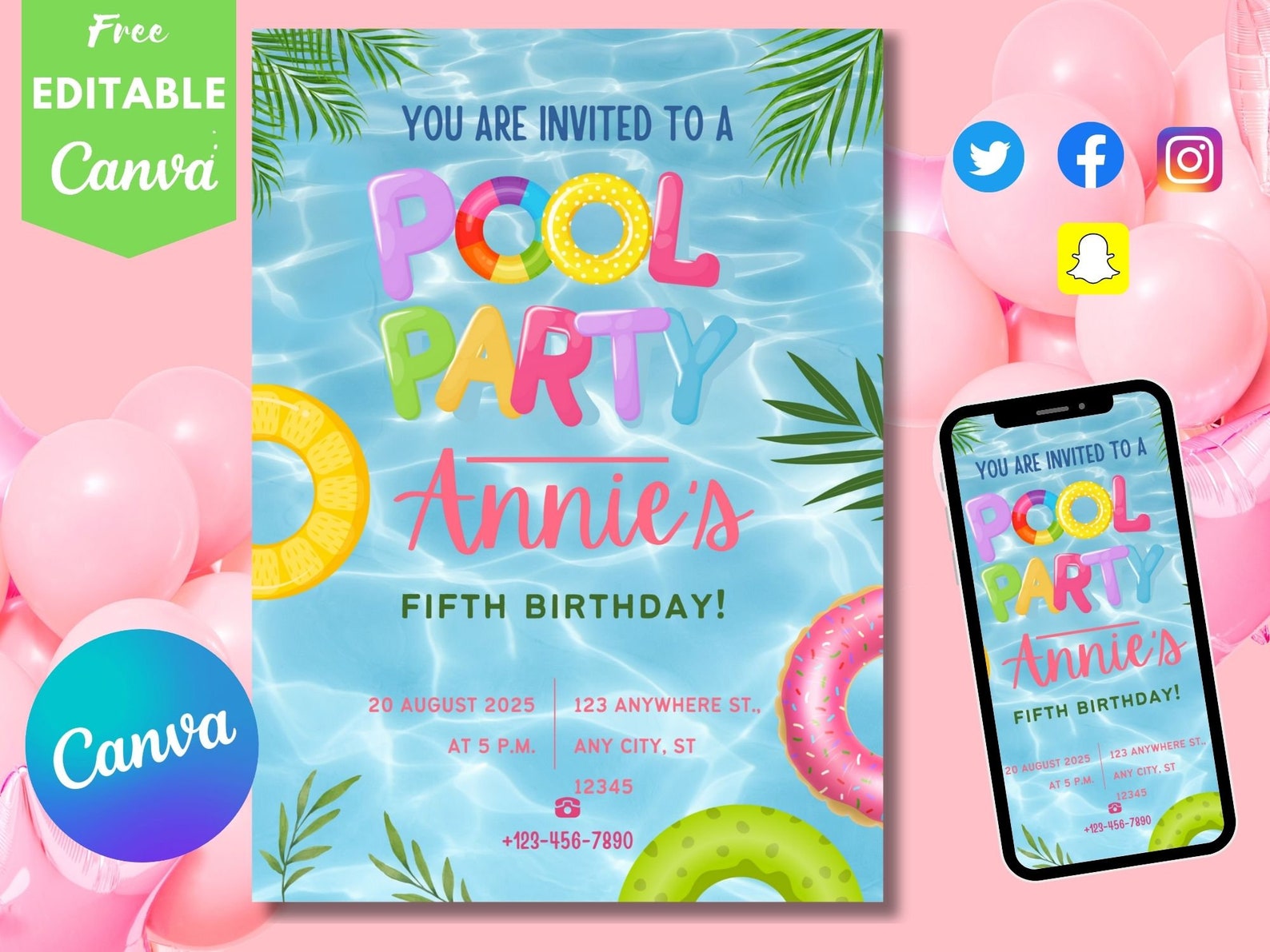 Editable Pool Party Invitation, Glow Neon Invite, Tropical Tie Dye ...