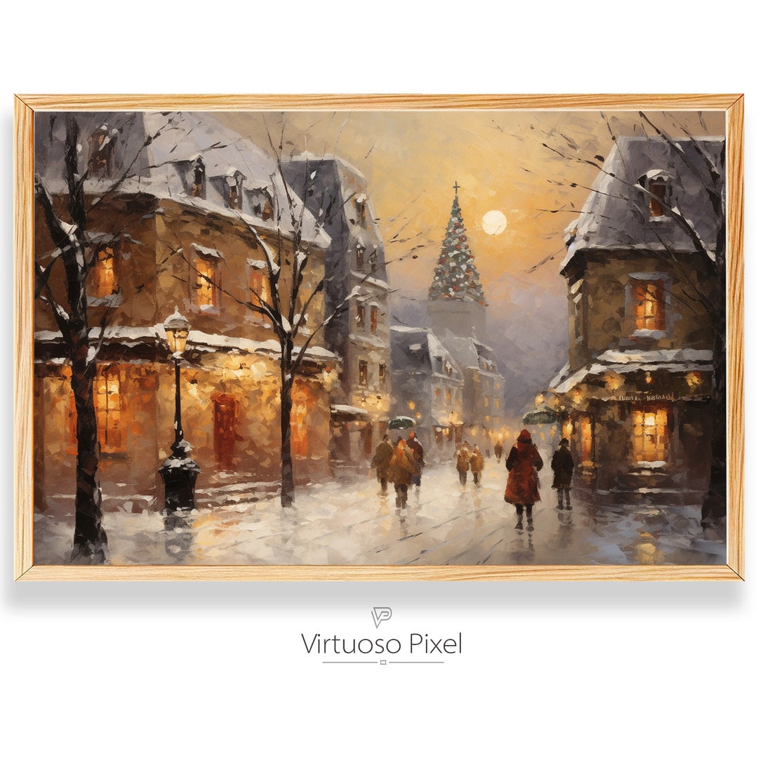 Snowy Christmas Evening Street Scene, Festive Town Holiday Digital Art ...