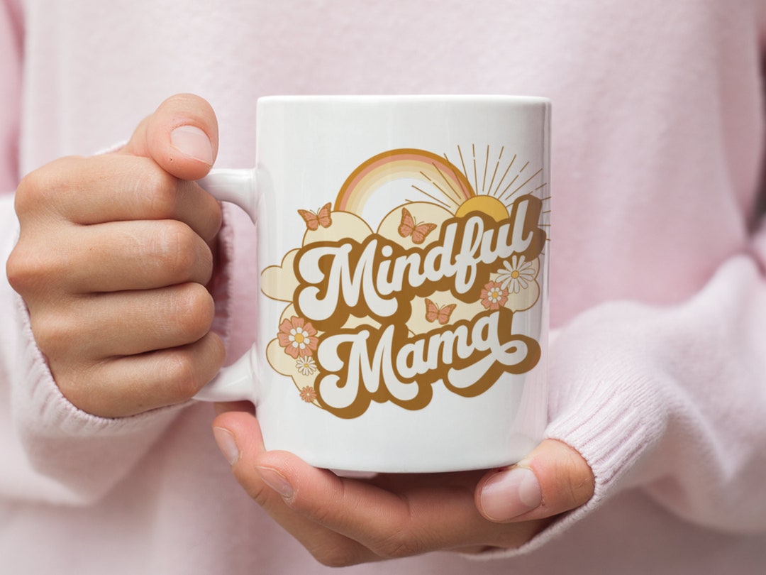 Boho Mindful Mama Mug, Vintage Mama White Ceramic Coffee Mug, 70s Style ...