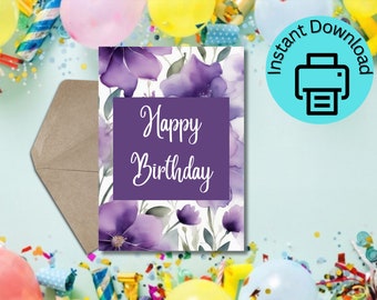 Purple Happy Birthday Card, Printable Birthday Card, Purple Violet ...