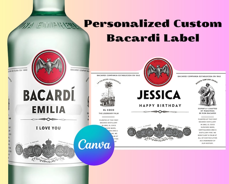 Bacardi Rum Label Canva Template Personalized Custom Digital Download ...