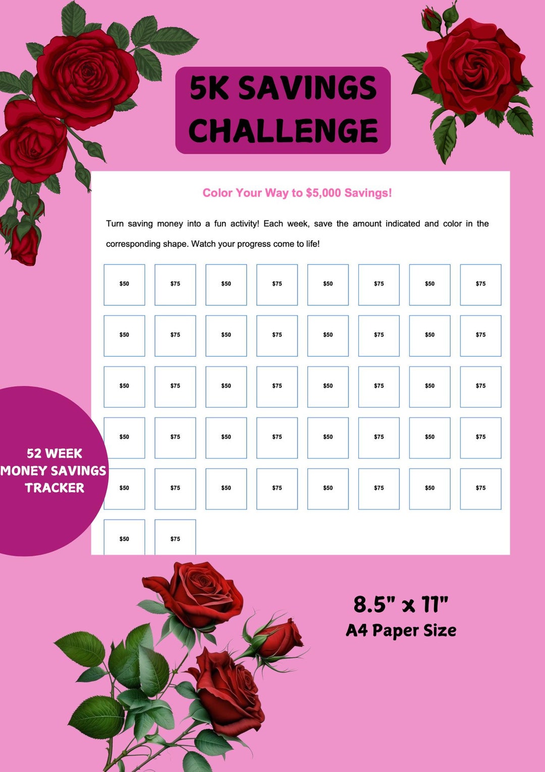 5K Savings Challenge Coloring Game | Fun 52-week Money Savings Tracker ...