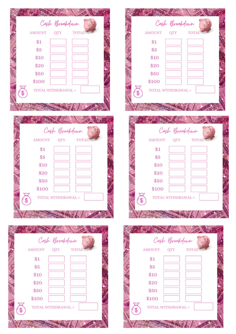 PRINTABLE| Pink Cash Breakdown Slip Bank Teller Slip Cash Budgeting - Etsy
