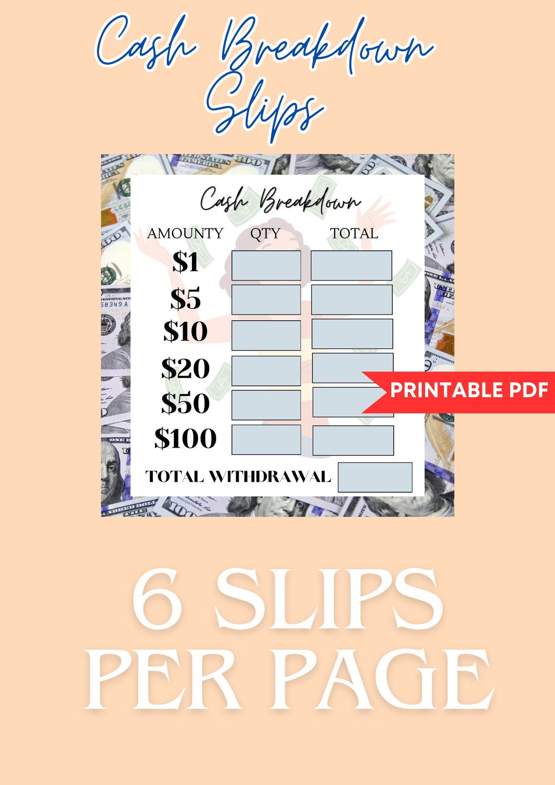 PRINTABLE| Cash Breakdown Slip Bank Teller Slip Cash Budgeting - Etsy