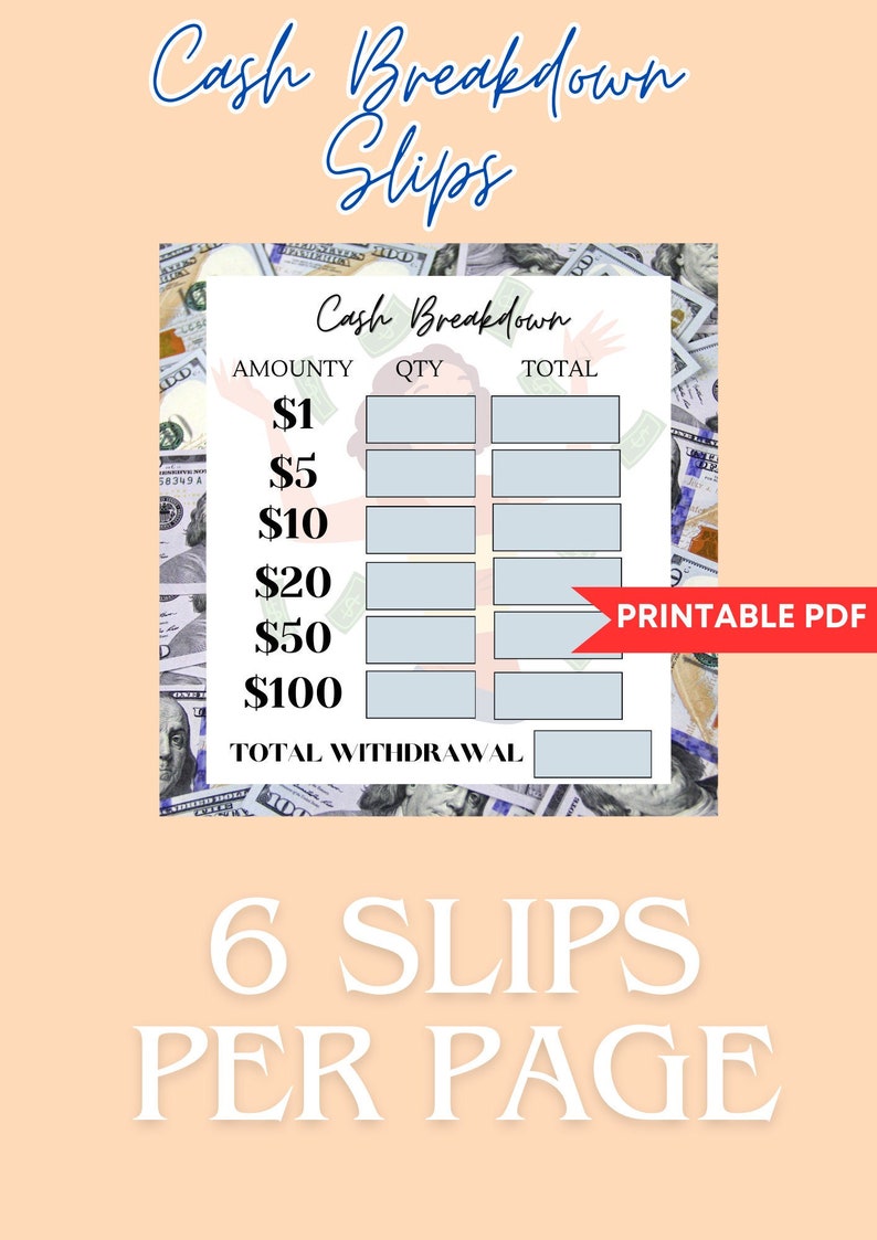 PRINTABLE| Cash Breakdown Slip Bank Teller Slip Cash Budgeting - Etsy