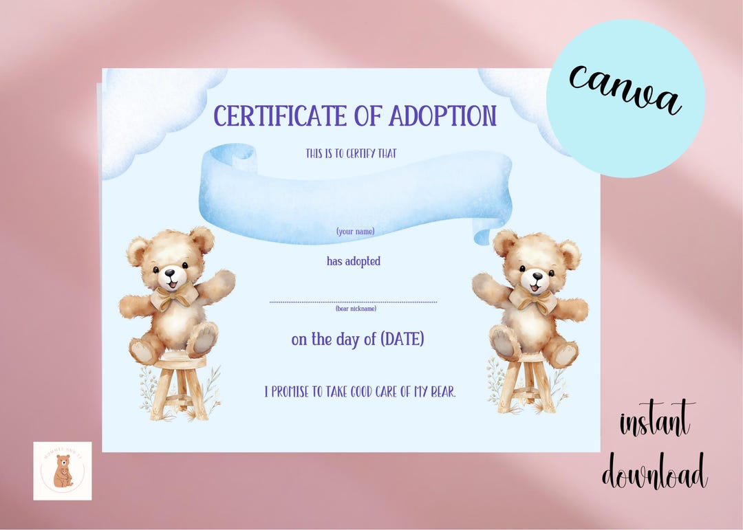 Teddy Bear Adoption Certificate boy - Etsy