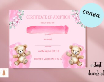 Teddy Bear Adoption Certificate Digital PRINTABLE Boys and Girls Party ...