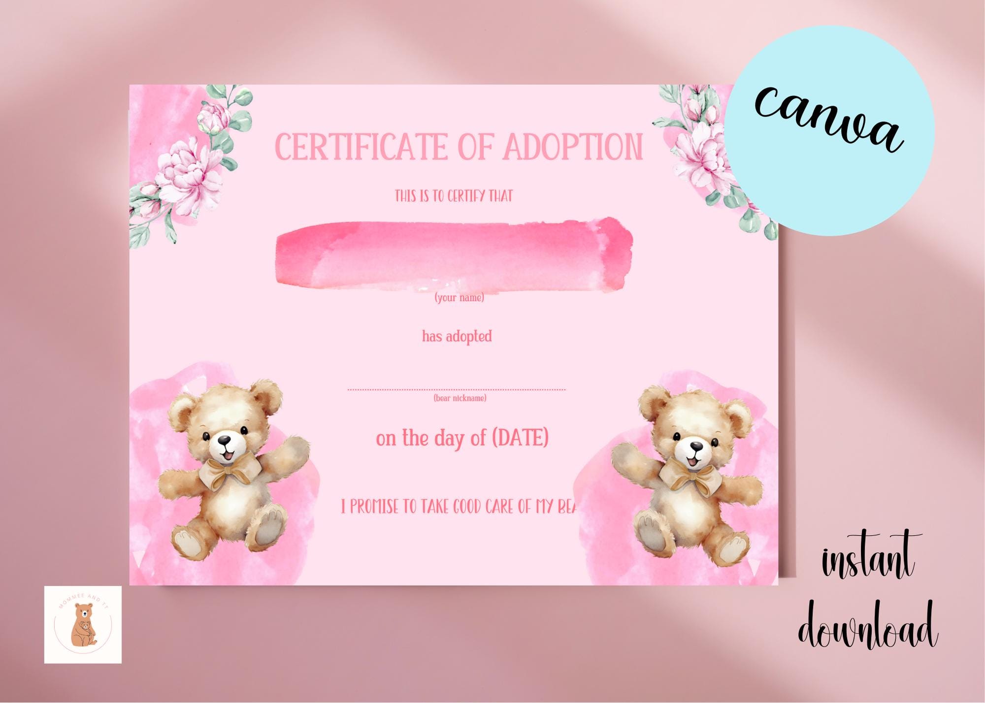 Teddy Bear Adoption Certificate - Etsy