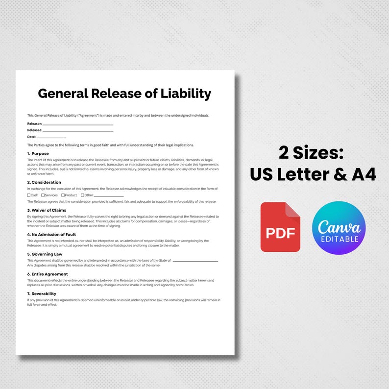General Release of Liability Canva Template, Printable Damage Waiver ...
