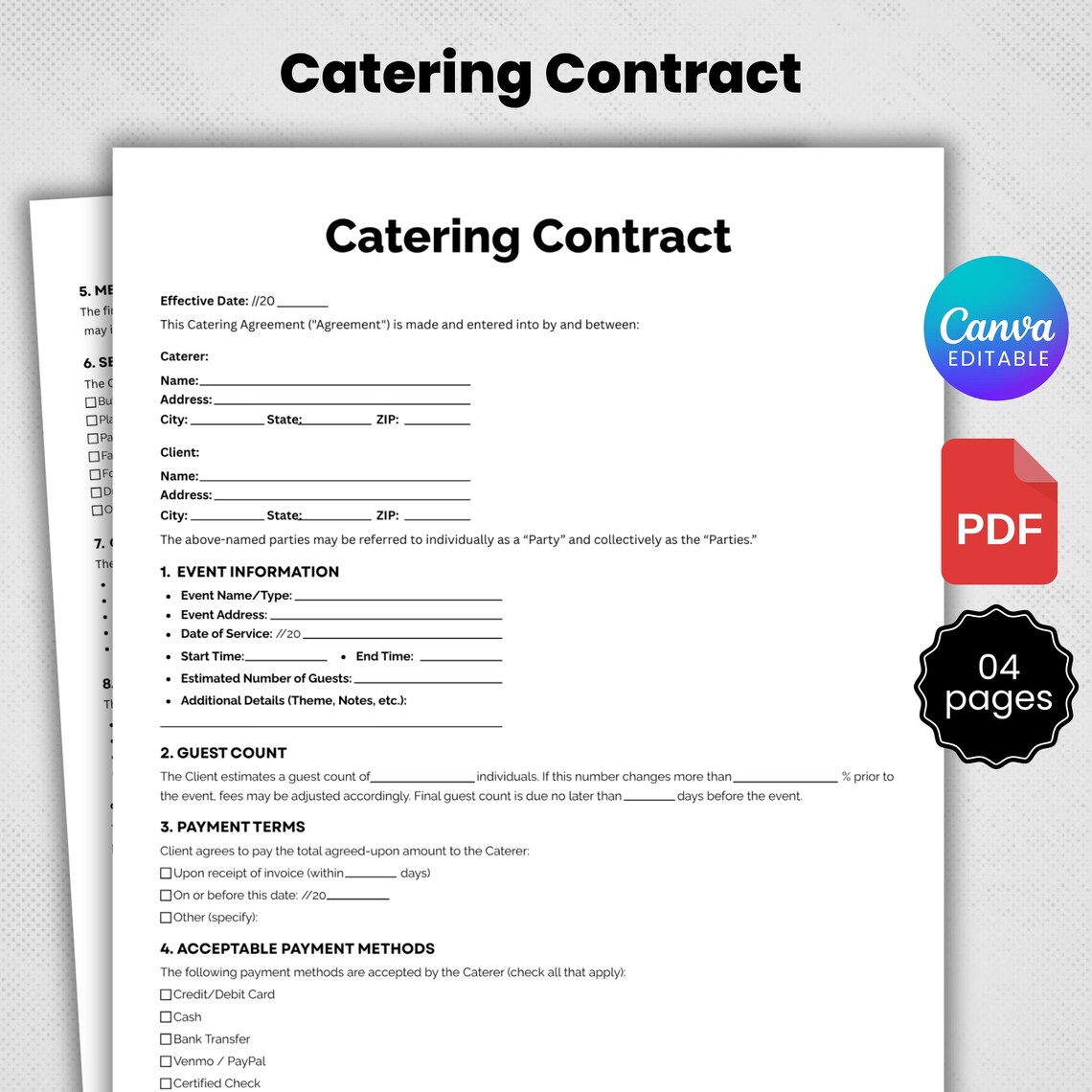 Catering Contract Template, Catering Service Contract, Catering Order ...