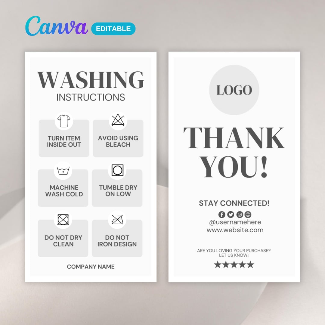 Editable Washing Instructions Card Template, Printable Clothing Care ...